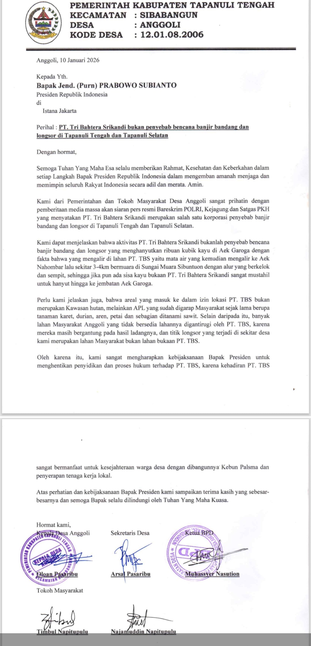 Pemdes Anggoli dan Simanosor Resmi Surati Presiden RI: PT TBS Bukan ...